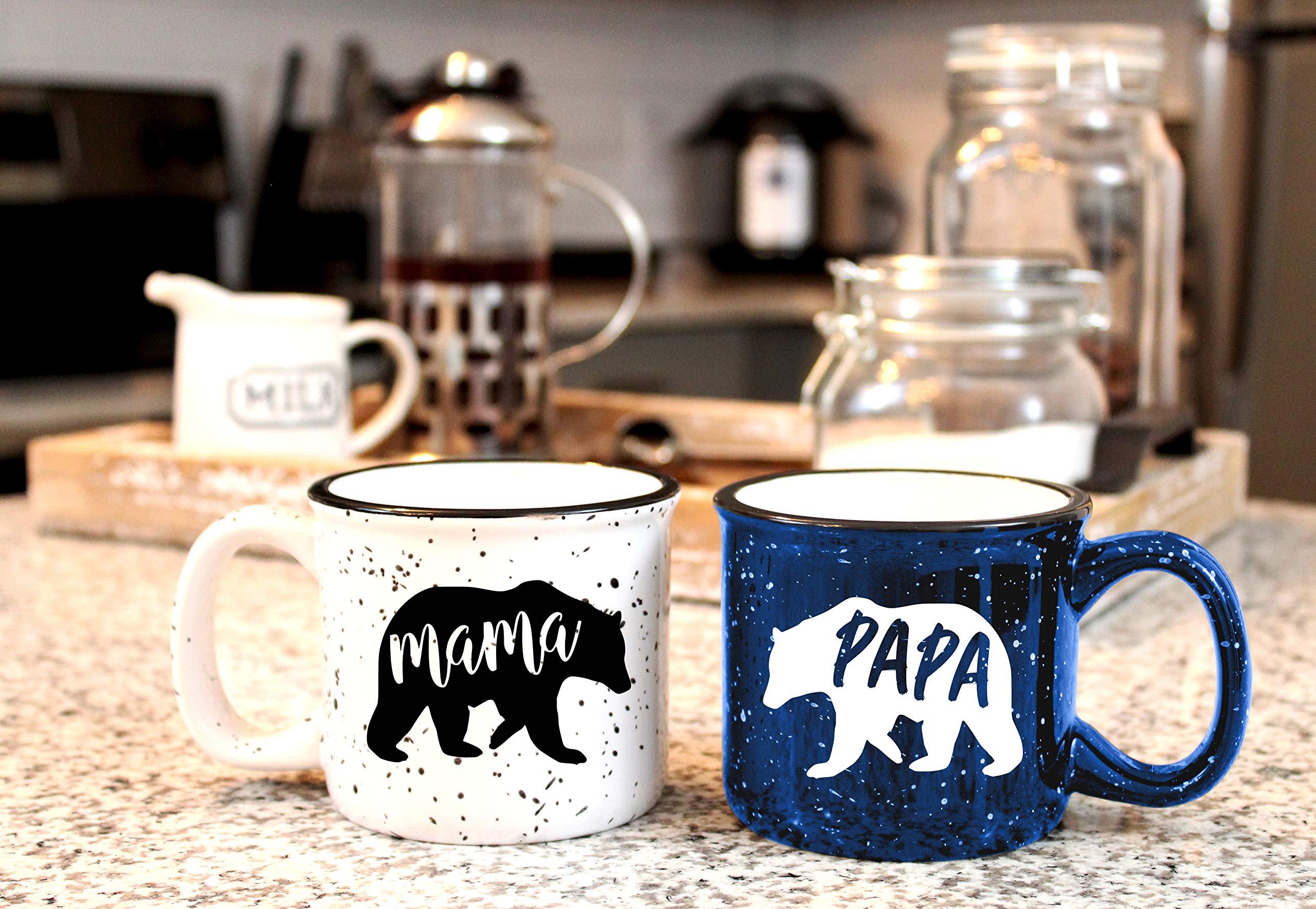 Mama Bear Mug & Papa Bear Mug - 13oz Ceramic Campfire Coffee Mug Set - Pregnancy Announcement New Parents Couples Gifts - Gift Ideas For Expecting Parents (White/Black)