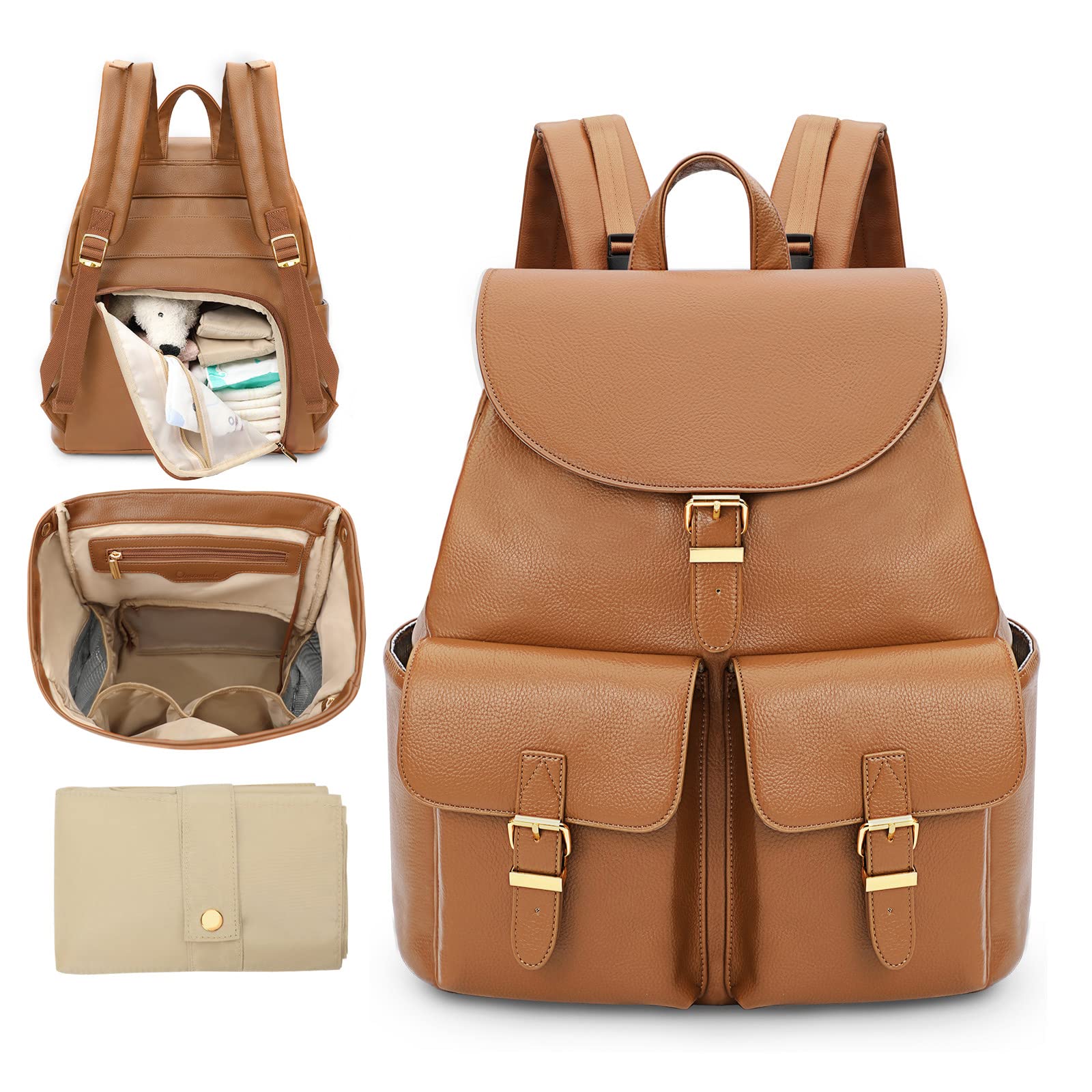 Omanmoli Diaper Bag Backpack Baby Diaper Bag, Leather Diaper Bag, Diaper Bag Organizer with 12 Organizing Pouches,Changing Pad,Shoulder Straps,Stroller Straps(Brown)