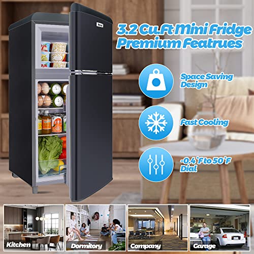 WANAI Mini Fridge With Freezer 3.5 Cu.Ft Dual Door Small Refrigerator Energy-efficient, Low Noise, Mini Fridge For Bedroom Dorm and Office, Black