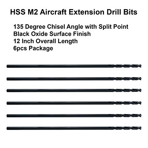 MAXTOOL 1/8"x12" 6pcs Identical Aircraft Extension Drills HSS M2 Extra Long Deep Twist Drill Bits Straight Shank Fully Ground Black; ACF02B12R08P6