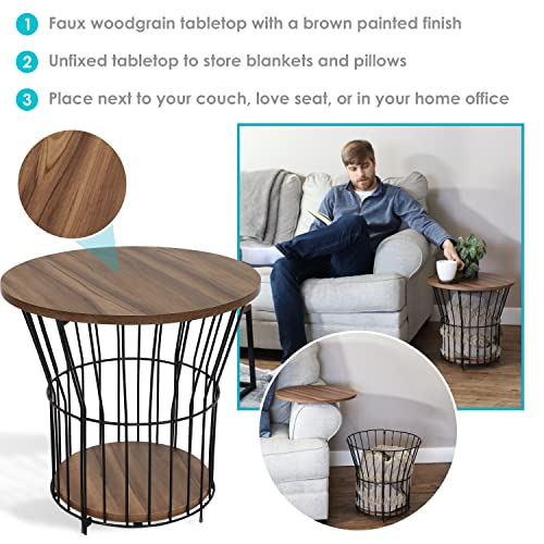 Sunnydaze 17.25-Inch H Modern Pedestal Wire Side Table with Faux Woodgrain Pull-Open Tabletop - Brown