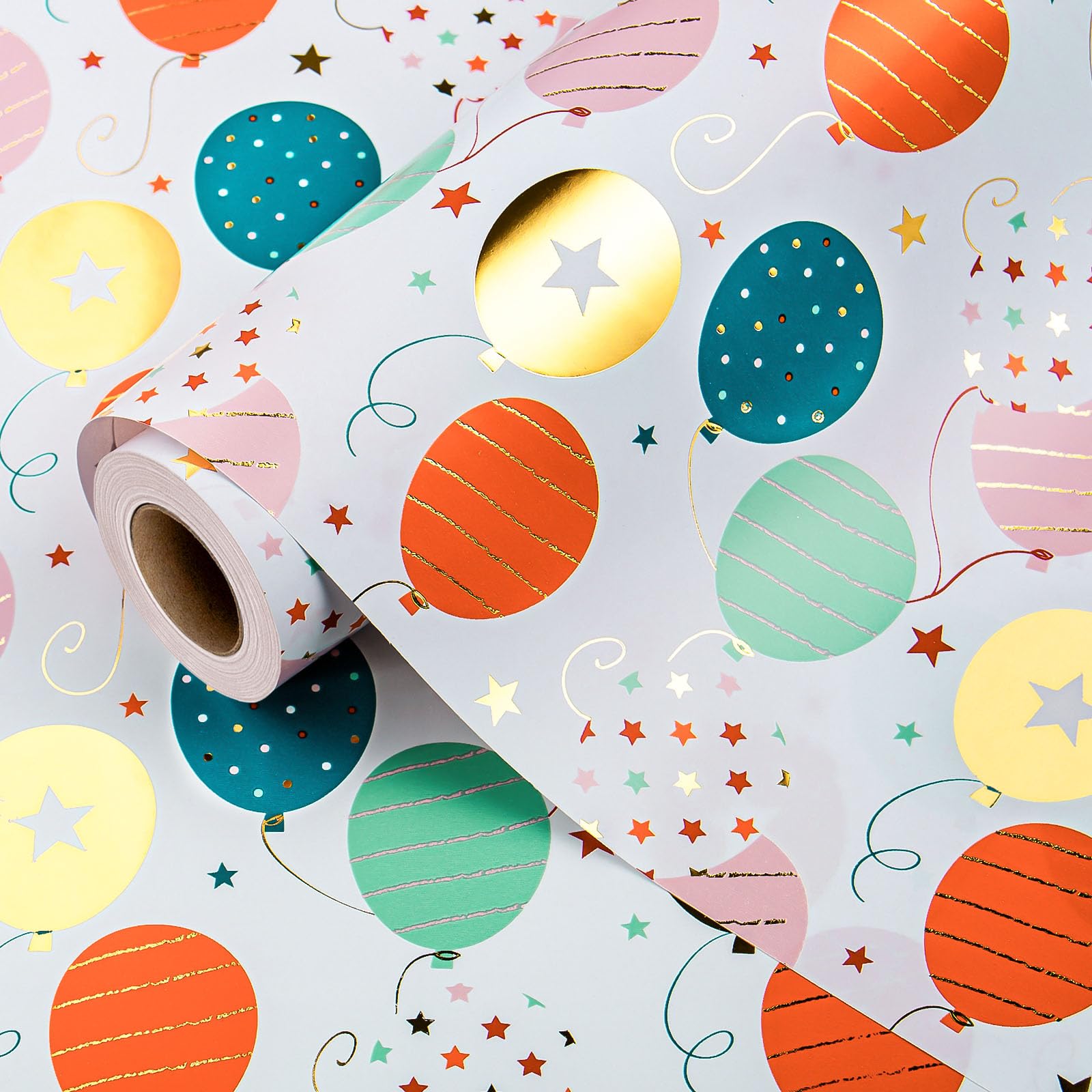 Retrify Birthday Wrapping Paper, Metallic Gold Gift Wrap Paper Roll, Colorful Balloon Cute Polka Dot Star Happy Birthday Design - 17 Inches x 32.8 Feet