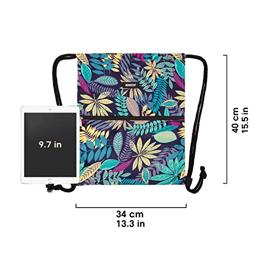 WANDF Drawstring Backpack String Bag Sackpack Cinch Water Resistant Nylon for Gym Shopping Sport Yoga (Blue Leaf.)