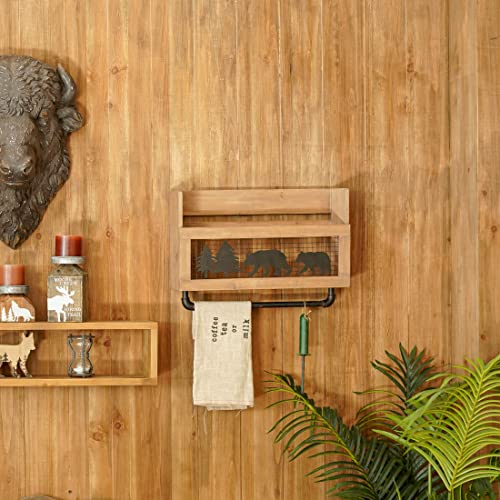 Synovana Cabin Style Hanging Towel Rack with Bar Farmhouse Wooden Floating Shelf Bear Wall Decor Rustic Wall Mounted Storage Towel Rack for Bathroom Kitchen Living Room Home Decor