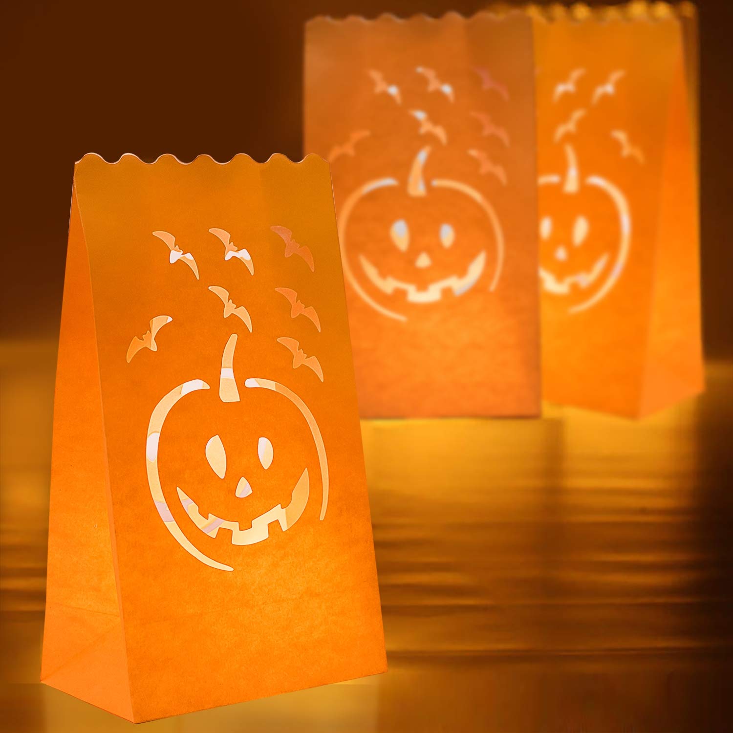 Homemory 24 Pack Halloween Luminary Bags, Flame Resistant Luminaries, Orange Tea Light Candle Bags for Halloween Decoration, Parties, Fall Festival
