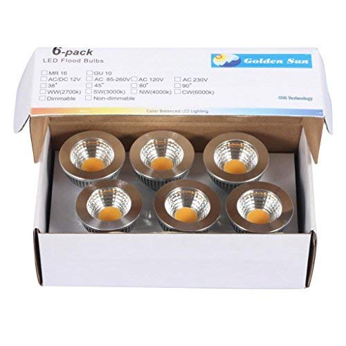 GOOLSUN 5-watt GU10 LED COB Flood Bulb, 2700K Warm White, Dimmable, 90° Beam Spread, 50-watt Equivalent, 500 lumens, CRI 80+, AC 120V, 2.4" Length, 6-Pack