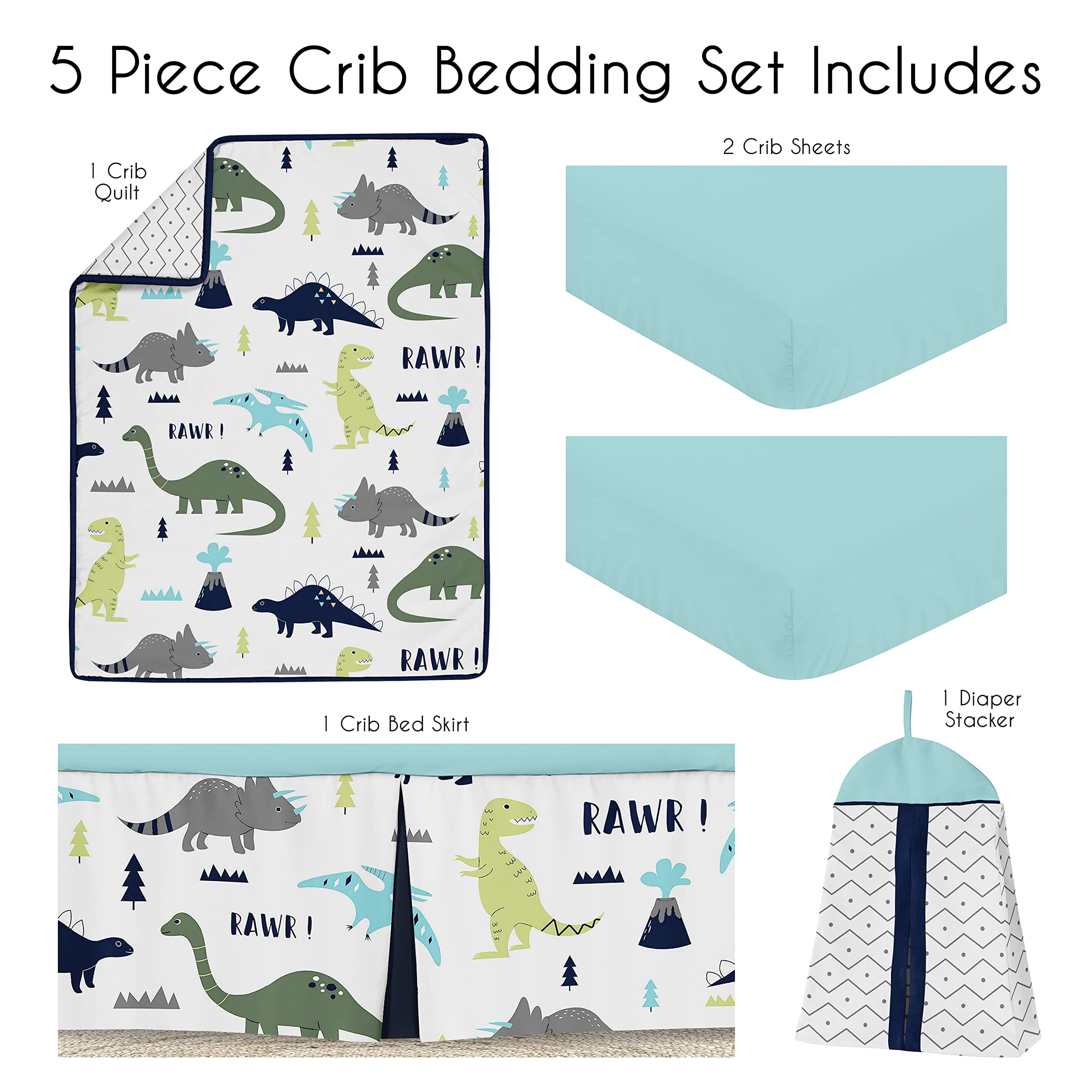 Sweet Jojo Designs Blue Green Modern Dinosaur Boy Baby Crib Bedding Set for Infant Nursery Room Quilt, Fitted Sheet, Skirt, Diaper Stacker - 5pc - Turquoise Boho Bohemian Grey and White Mod Dinosaurs