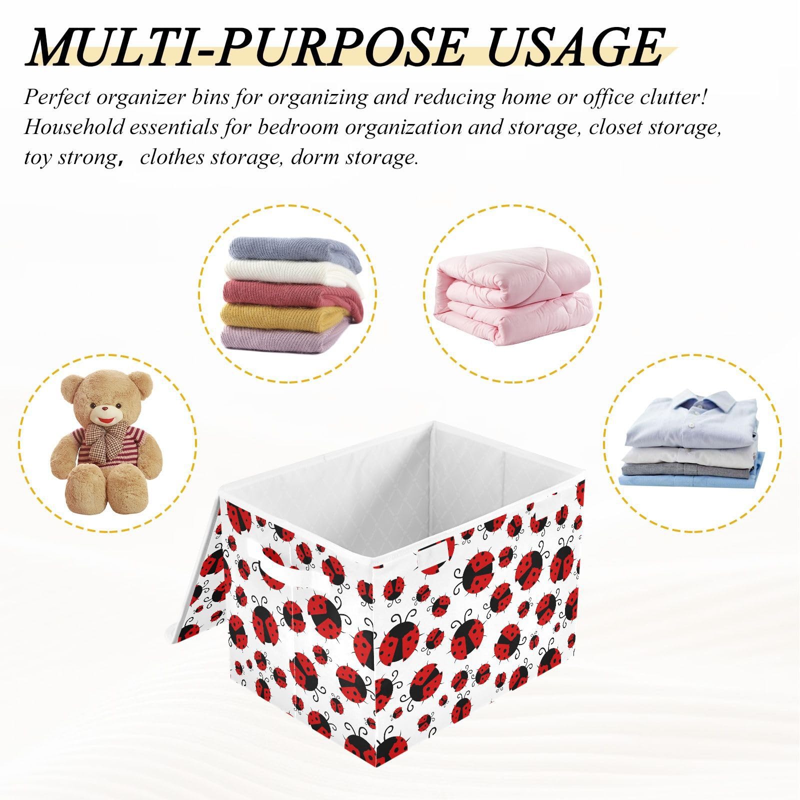 Krafig Animal Cute Ladybug Decorative Storage Box with Lid Large Bins Baskets Foldable Cube Organizer Collapsible Containers for Organizing, Toy, Home, Shelf, Closet