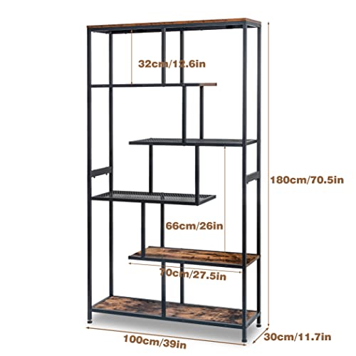 Tektalk Bookshelf,Rustic 6 Open Shelves Bookcase, Standing Book Shelf Display Bookshelves Storage Organizer Rack for Bedroom Living Room Home Office - Brown