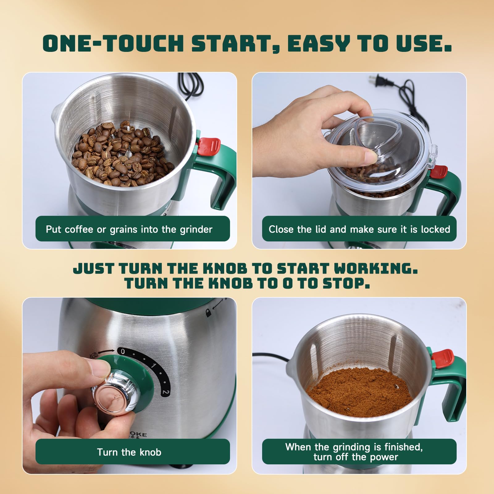 Spice and Nut Grinder, Electric Spice Grinders, Espresso Grinder with 3 Stainless Steel Blades, 1 Filter and 1 Brush,500W Wet & Dry Grinder for kitchen.(Green)