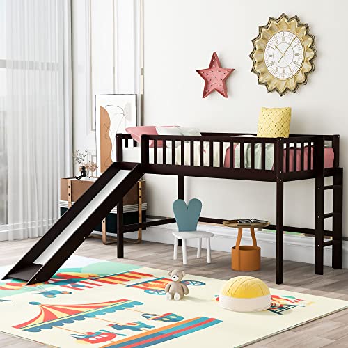Twin Loft Bed with Slide Rails Frame Wood for Junior Kids Slat Support, No Box Spring Needed