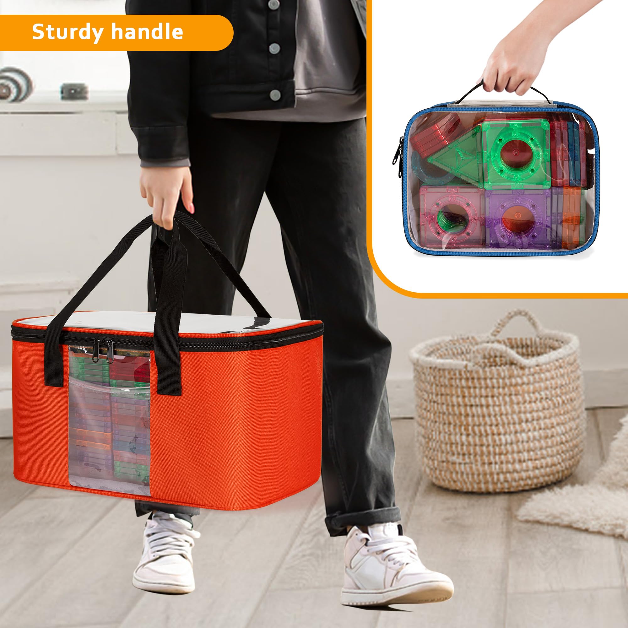 Rexmica 4 Pack Magnetic Tiles Storage Bag, Multifunction Toy Storage Organizer Bag, Magnetic Tiles Travel Bag Case with Visible Top for Magnet Building Tiles, Board Game, Puzzle, Car Toy