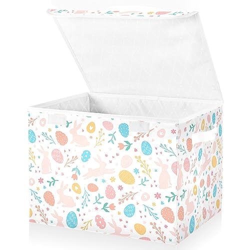 Krafig Foldable Storage Box Large Cube Organizer Bins Easter Eggs Bunnies Flowers Containers Baskets with Lids Handles for Closet Organization, Shelves, Clothes, Toys