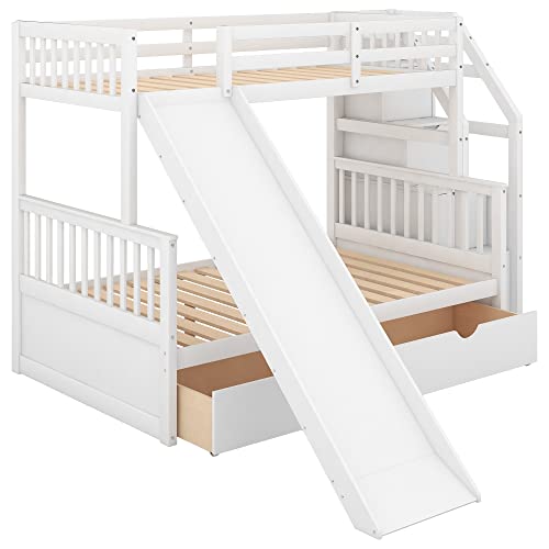 Twin Over Full Bunk Bed with 2 Drawers and Slide,Solid Wood Bunk Bed Frame with Convertible Storage Staircase for Kids, Teens Bedroom, Guest Room Furniture, No Box Spring Needed