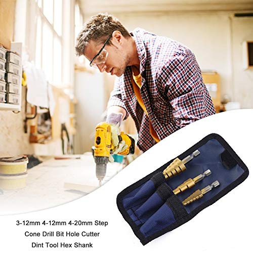 NACHEE 3Pcs Metric Titanium Coated Step Drill Bit Set, HSS Cone Drill Bit with 1/4" Hex Shank Drive Quick Change(3-12 mm 4-12 mm 4-20 mm)for DIY Woodworking, Plastic Wood