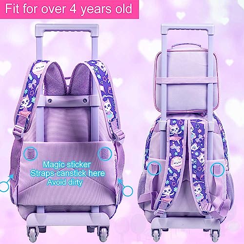 UFNDC 4PCS Rolling Backpack for Girls, Kids Cat Sequin Wheeled Bookbag ,Travel Roller School Bag with Wheels