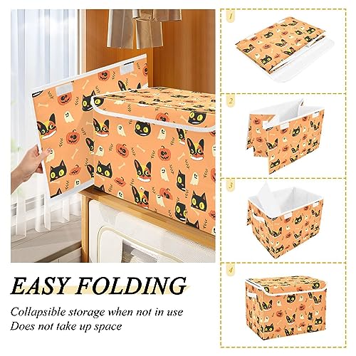 Krafig Foldable Storage Box Large Cube Organizer Bins Cute Halloween Black Cat Dog Containers Baskets with Lids Handles for Closet Organization, Shelves, Clothes, Toys