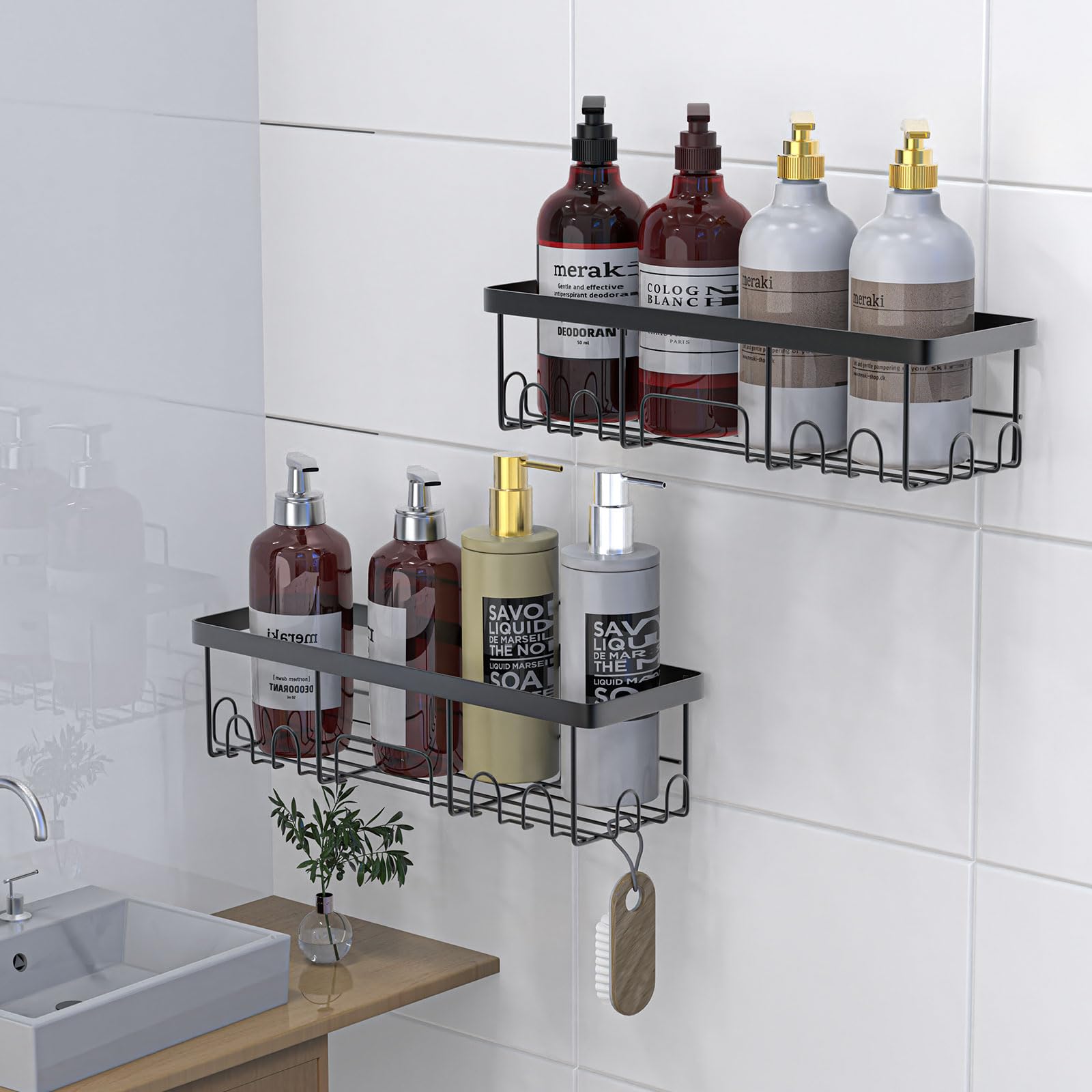 UenCirbsk Adhesive Shower Caddy,Extra Large Bathroom Shelves,2 Pack Shower Organizer,No Drilling Floating Shelves For Wall, Black shelves easy to install for Bathroom Storage & Home Decor