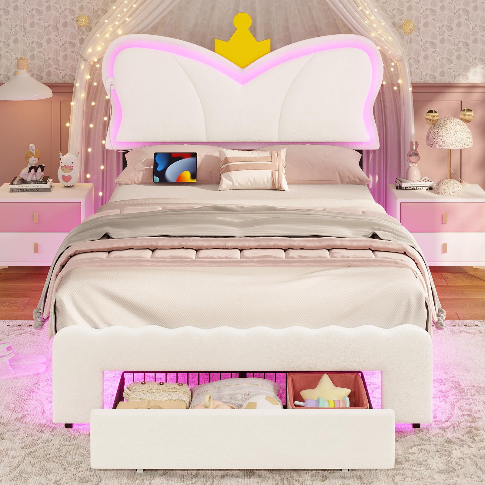 VIAGDO Twin Bed Frames with LED Lights and Storage Drawer, Upholstered Bed Frame Twin Size with Height Adjustable Crown Headboard, Type C and USB Charging Ports, No Box Spring Needed, White
