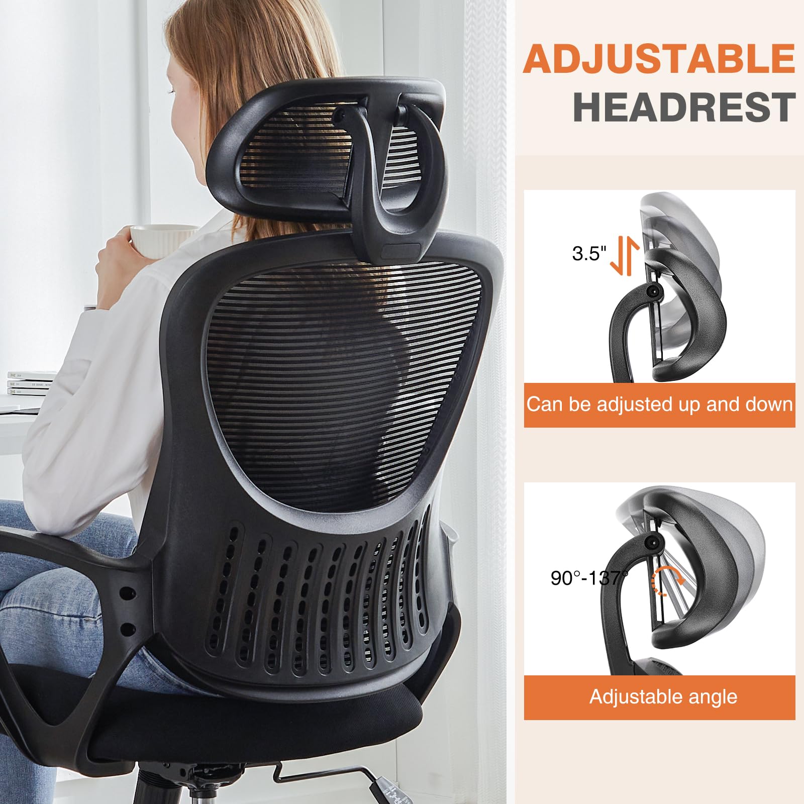 Sweetcrispy Office Computer Desk Chair, Ergonomic High-Back Mesh Rolling Work Chairs with Wheels and Adjustable Headrests, Comfortable Lumbar Support, Comfy Armrest for Home, Bedroom, Study,Black