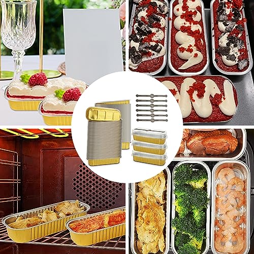 WOPPLXY 100 Pcs Mini Cake Pans with Lids, 6.8 Oz Mini Loaf Pans with Lids and Spoons, Aluminum Foil Mini Loaf Baking Pans Disposable Cake Pans with Lids for Cake Bread Muffin Wedding Birthday Party
