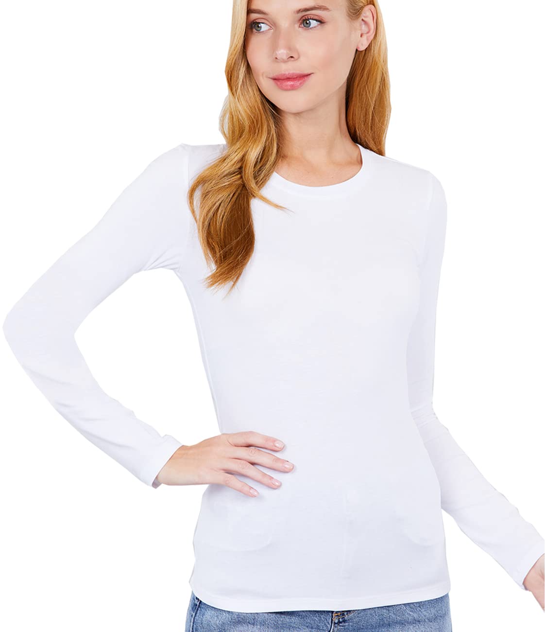 JYB CO Womens Basic Active Slim Fit Crew Neck Long Sleeve Top T-Shirt in White - XL