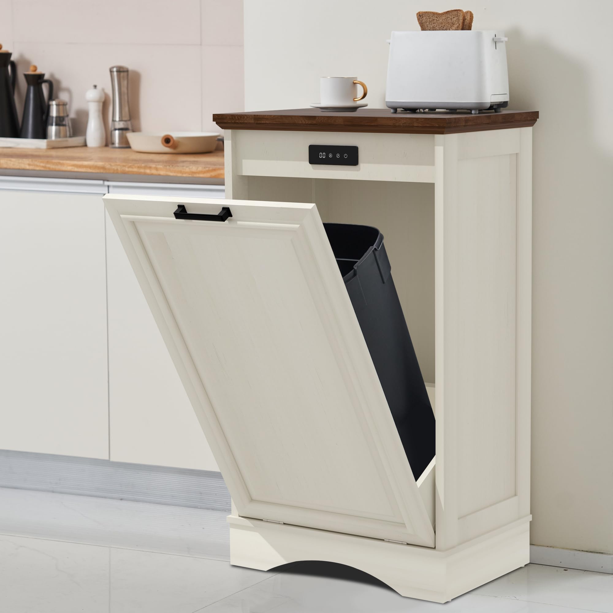 Spurgehom 13 Gallon Tilt Out Trash Cabinet Kitchen Waste Bins, Tilt-Out Laundry Sorter Cabinet with Deodorizing Function for Kitchen Living Room, Antique White
