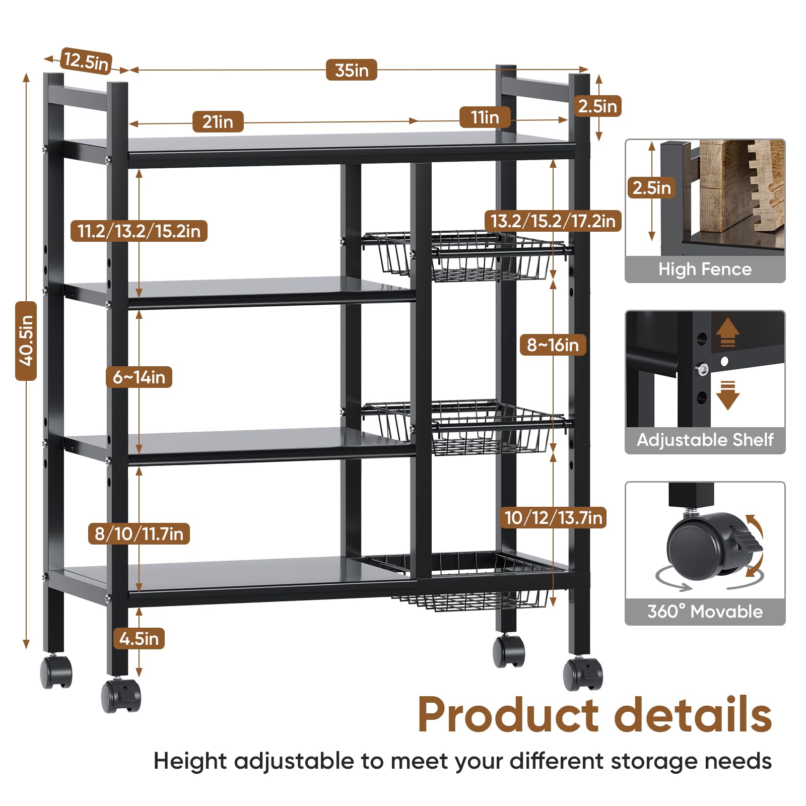 VZONE Storage Shelves, Adjustable 4-Tier Kitchen Organizers and Storage with 4 Wire Baskets, Metal Shelf Rack with Wheels for Kitchen, Pantry, Bathroom, Garage – Ideal for Kitchen Shelves