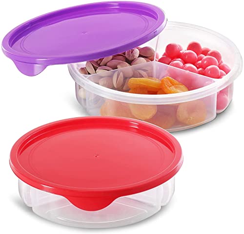 Zilpoo 2 Pack - 3 Compartment Round Plastic Food Storage Container with Lid, Divided Kids Lunch Box, Candy and Nut Serving tray w/ Cover, Keto Snack Plate, Arts, Crafts Organizer Holder, 7-Inch