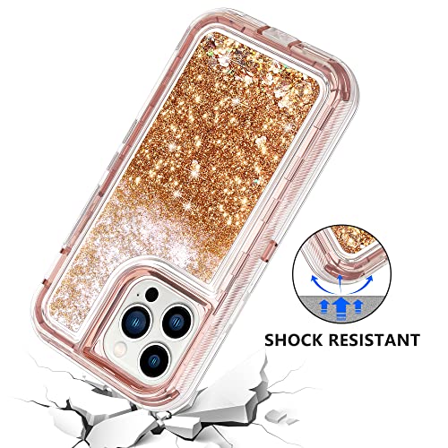 WOLLONY for iPhone 14 Pro Max Case Glitter Floating Liquid Shiny Quicksand Case for Women Girls Heavy Duty Shockproof Protective Case Hard PC Bumper Soft TPU Cover for iPhone 14 Pro Max 6.7''Rosegold