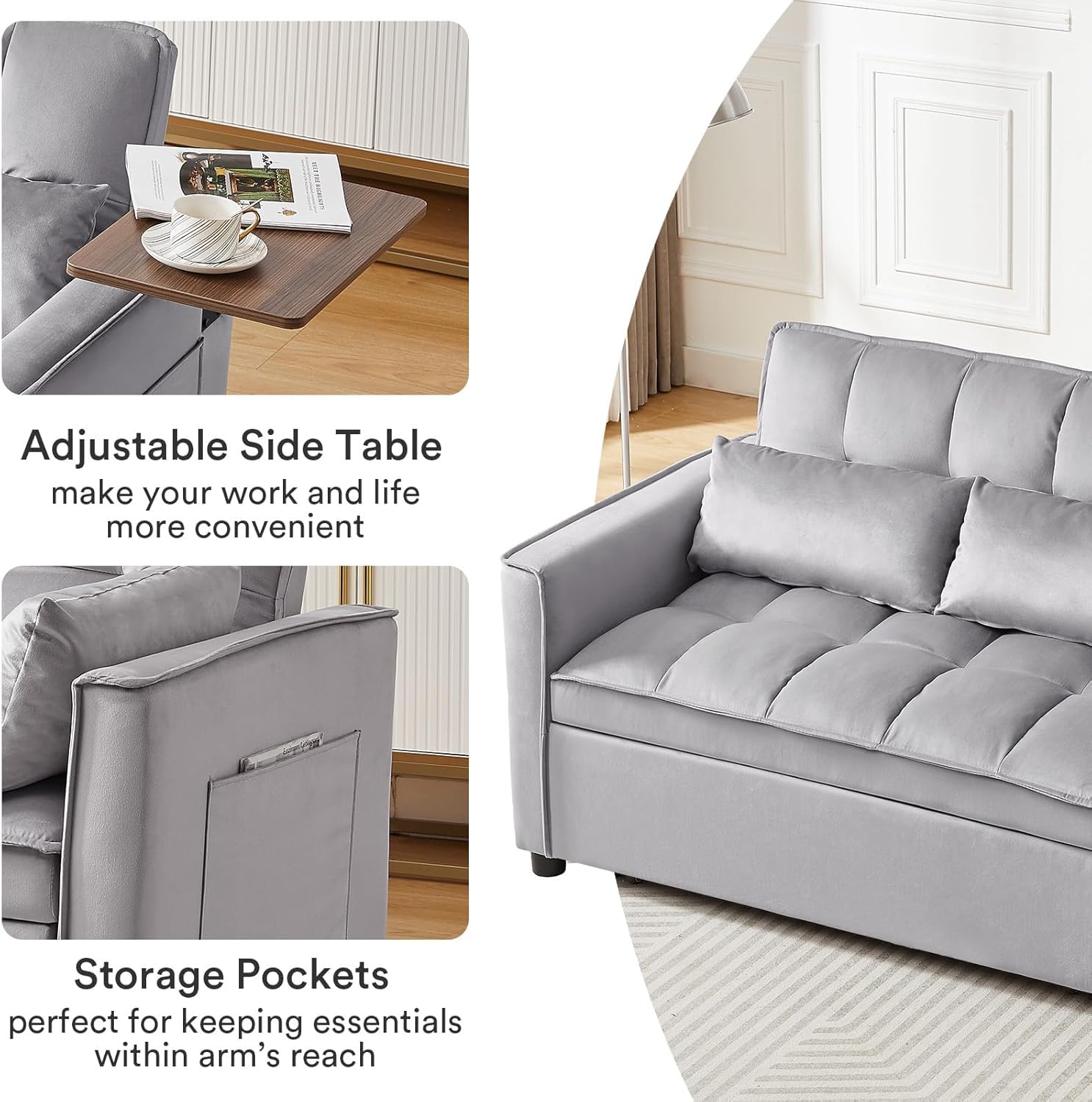 Rovibek Convertible Sofa Bed Couch Pull Out 3 in 1 Futon Loveseat Sleeper 2 Seat Velvet Lounge for Living Room, Adjustable Backrest, with Side Table, Black
