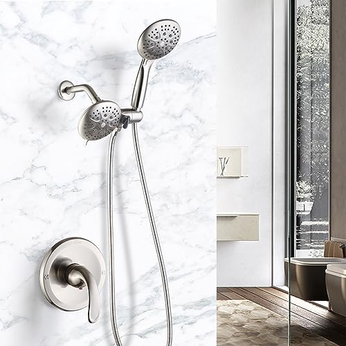 SWKB Shower Faucet Set Brushed Nickel Bathroom Rain Mixer Dual Shower Head System Wall Mounted Shower Fixture Single Handle Shower Trim and Valve Kit