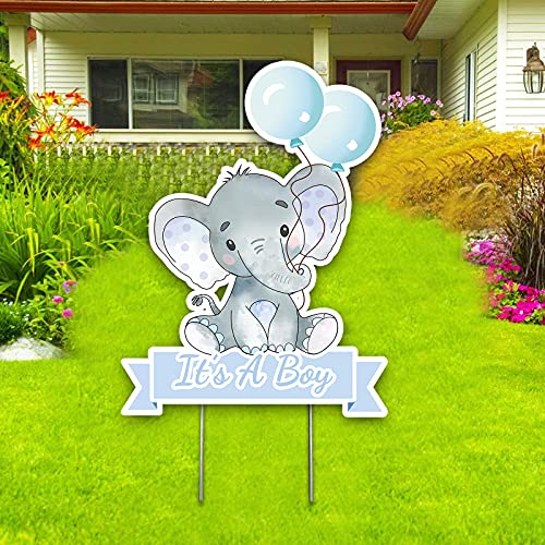Mirabuy Blue Elephant with Balloons It's A Boy Yard Sign with Stake for Baby Shower Decorations