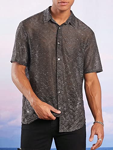WDIRARA Men's Contrast Glitter Button Front Shirt Stand Collar Shirt Short Sleeve Tops Black XL