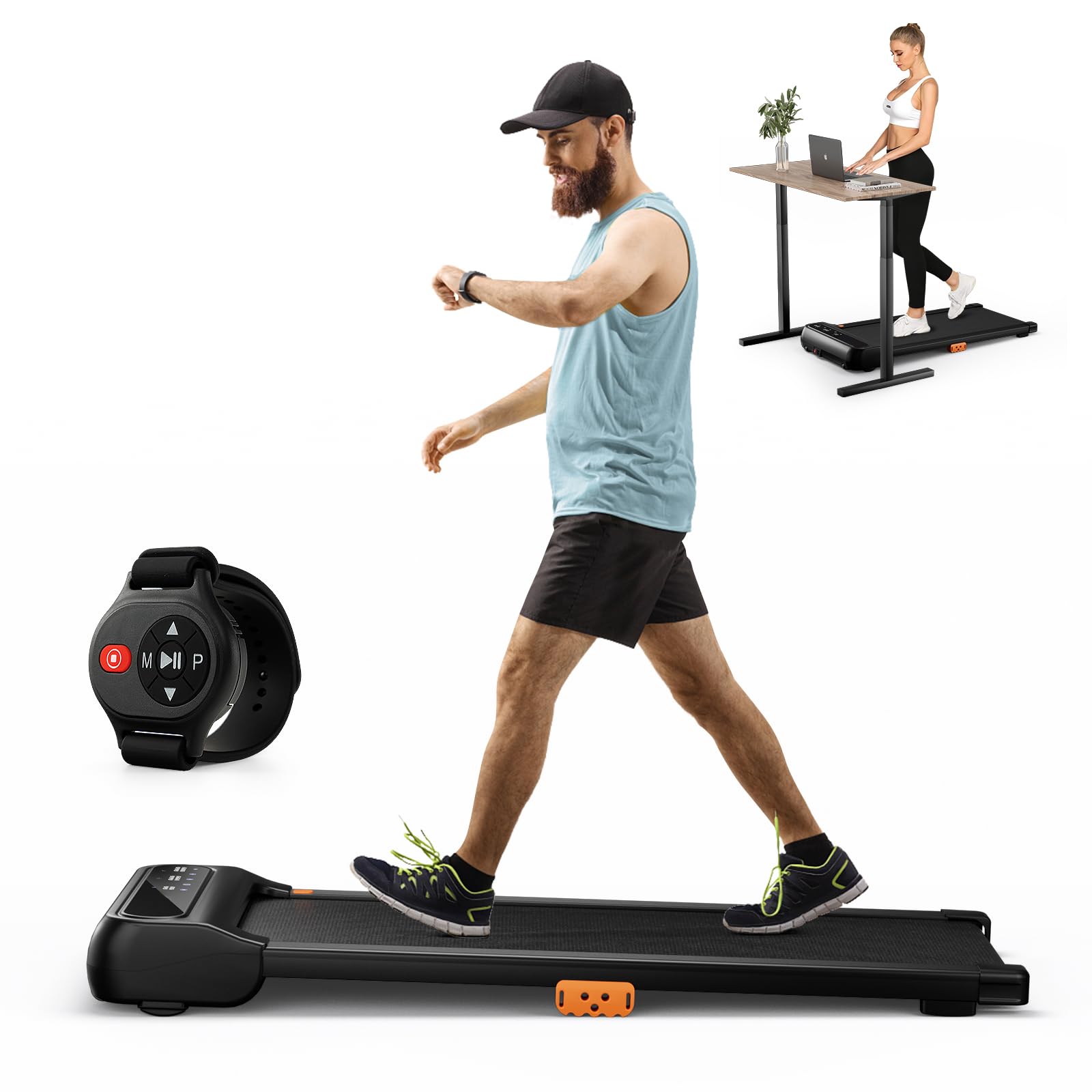 GYMAX Walking Pad, 2 in 1 Under Desk Treadmill for Home with Watch Remote Control, LED Display, 12 Preset Programs & Pause Function, Portable Compact Running Treadmill for Office Small Space