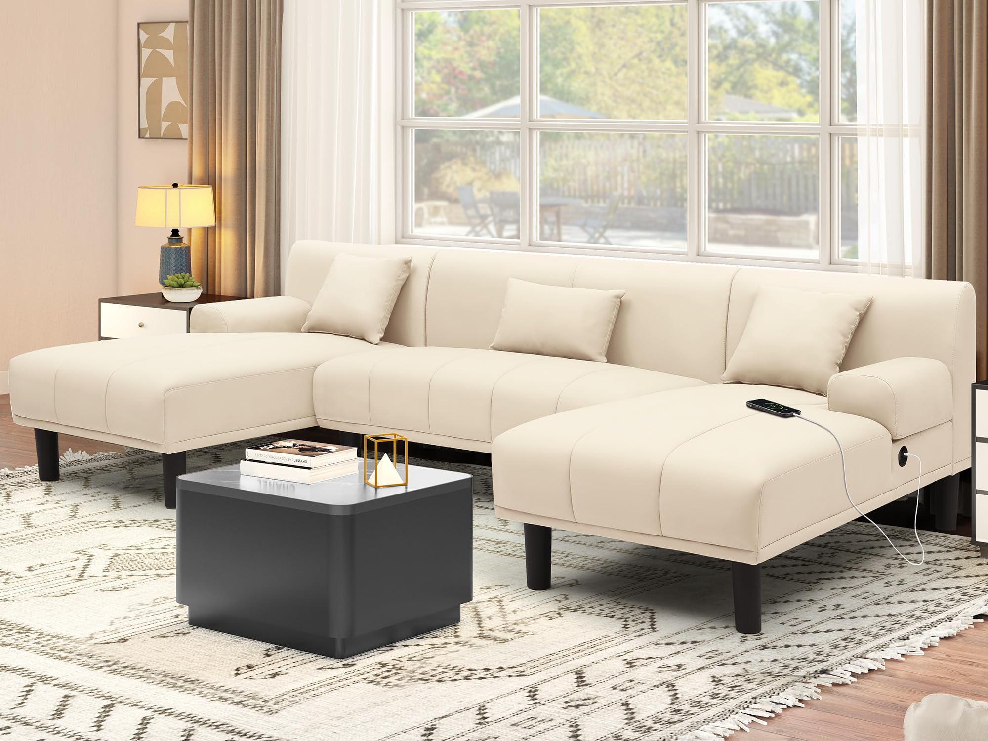 YITAHOME Sectional Couches for Living Room, U Shaped Sofa Faux Leather Modern Modular Couch Sofa with USB & Type C Charging Ports Double Chaise and Comfy Upholstered, Beige
