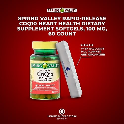 Spring Valley, CoQ10 100mg, 60 Count Rapid-Release Heart Health Dietary Supplement, CQ10 100mg softgels + 7 Day Pill Organizer Included (Pack of 1)