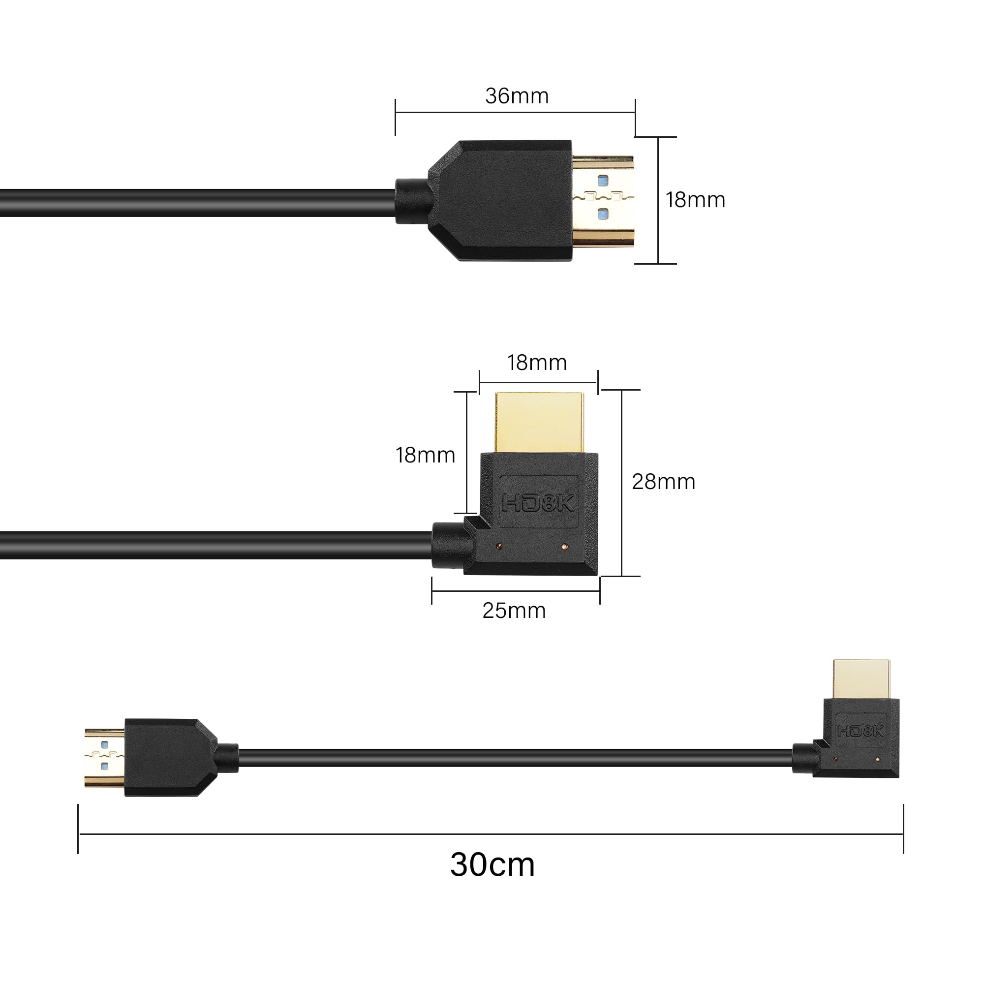 PNGKNYOCN 8K HDMI 2.1 Short Cable,90 Degree Right Angle 1FT/0.3M Ultra High Speed 48Gbps HDMI Male to Male Cable Support 8K@60Hz,Dynamic HDR,HDCP 2.2&2.3, eARC (R)