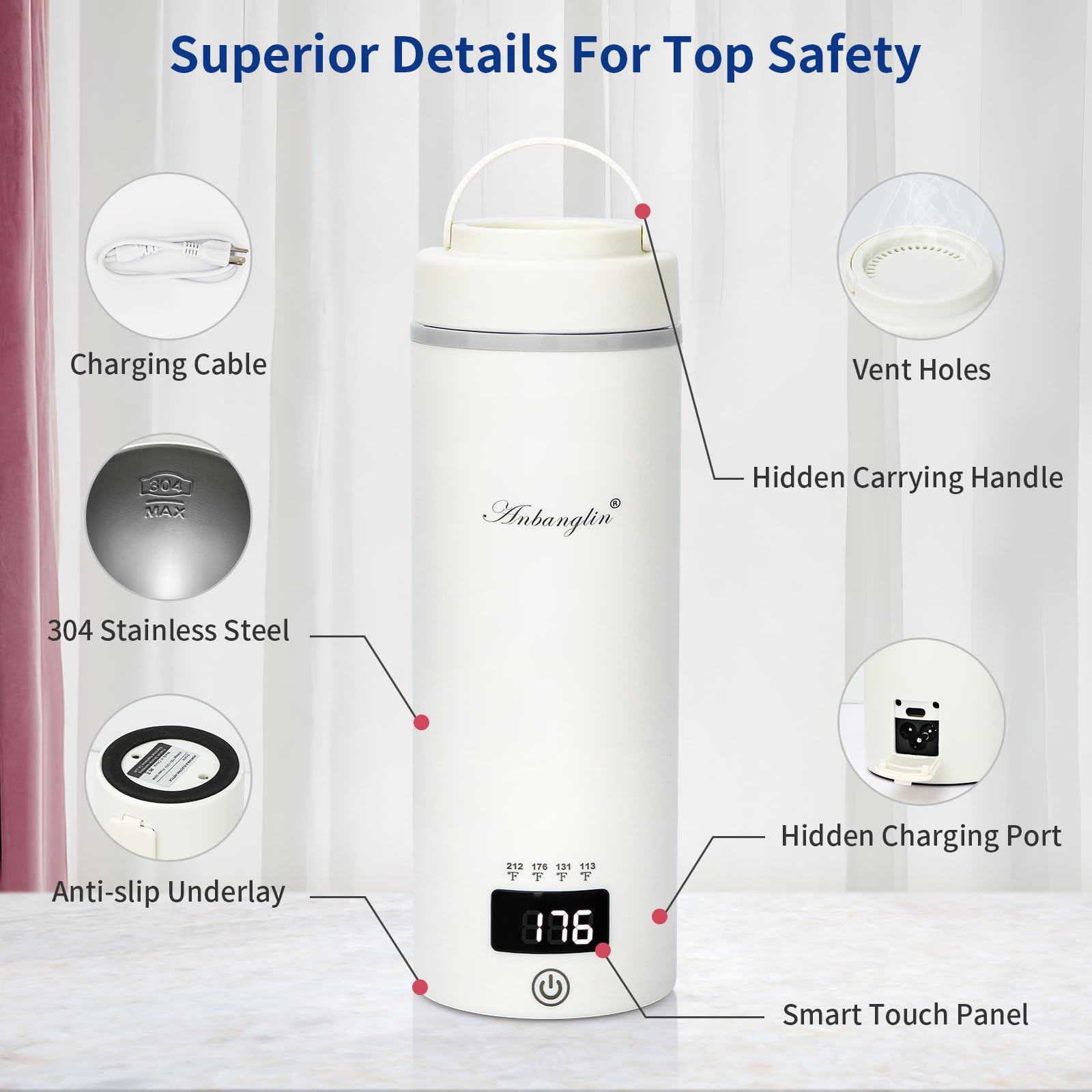 Portable Bottle Warmer for Travel, 17 Oz Milk Warmer, 4 Temperature Control & Auto Shut-Off, Fast Boil Hot Water Warmer, Perfect for Travel&Hotel Use,Electric Kettle with Handy(White,Non-Rechargeable)