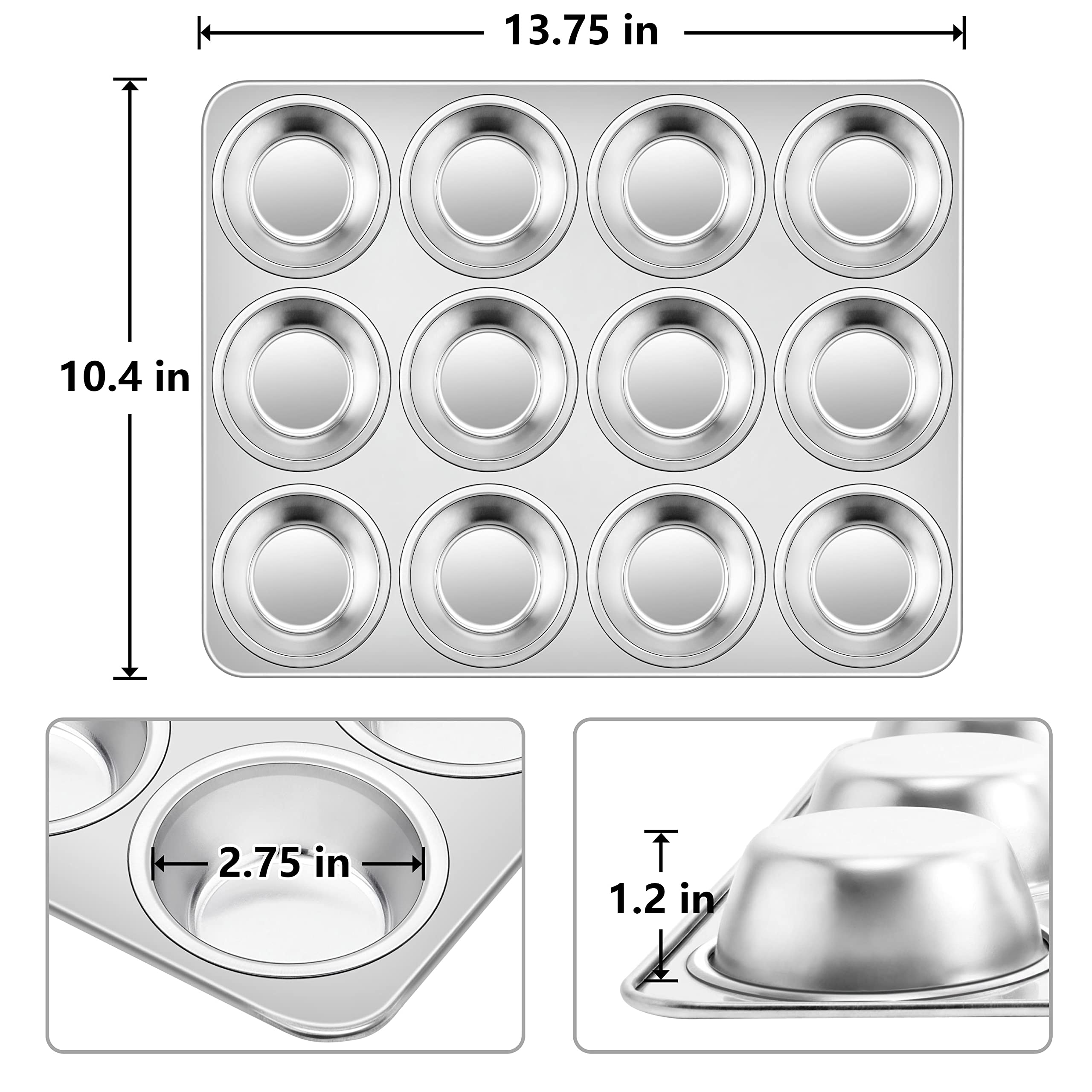 Homikit Muffin Pan Set of 2, Stainless Steel Cupcake Tin Pans with 12 Regular Size Cups for Oven Baking, Deep Metal Muffin Tray Molds Great for Home Kitchen, Rust Free, Dishwasher Safe