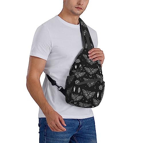 RIMENCH gothic moth skull sun moon black and white Crossbody Sling Backpack Sling Bag Travel Hiking Chest Bag Daypack