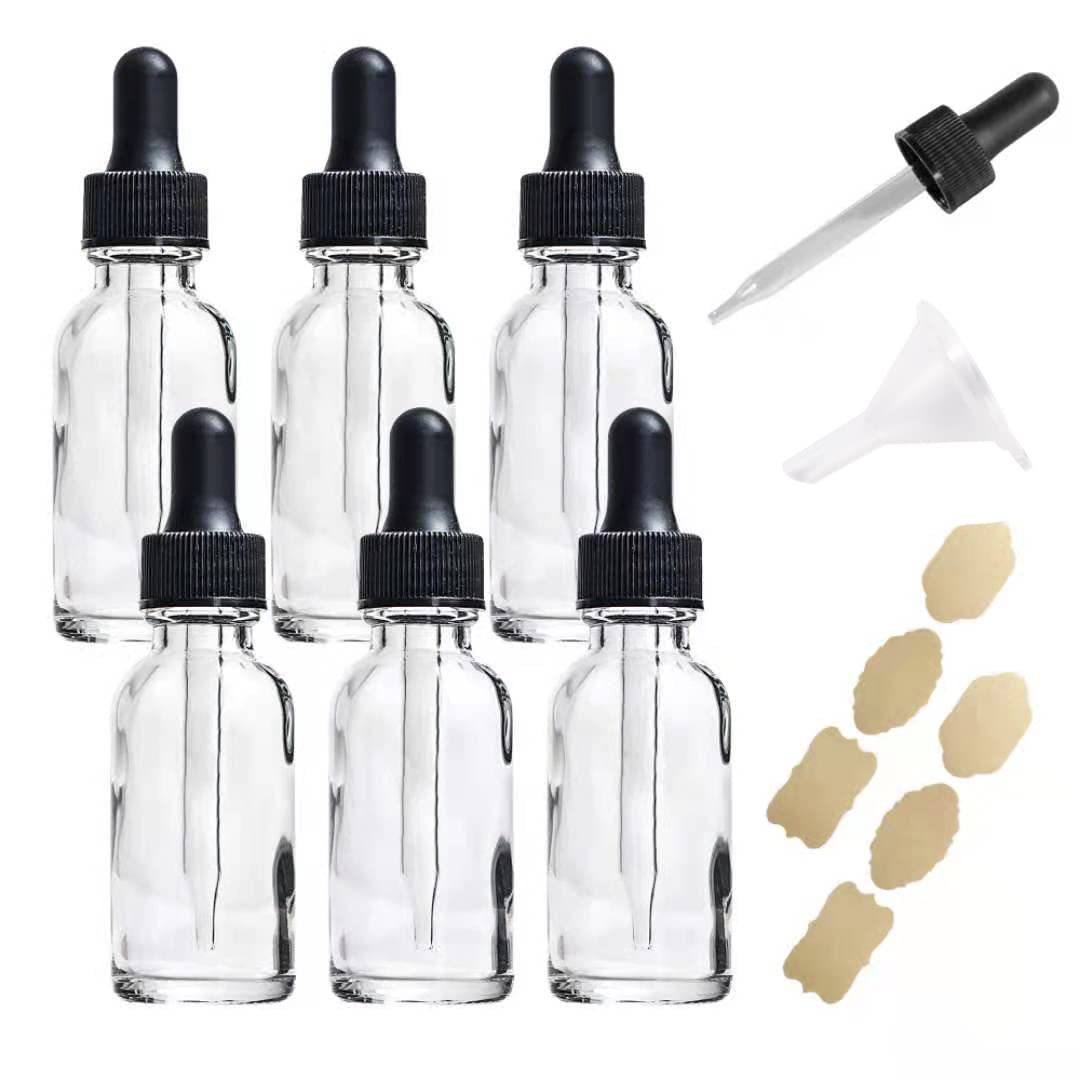 Poadool 6 Pack 1oz (30ml) Dropper Bottles, Tincture Bottles with Dropper, Clear Glass Boston Round Bottle with Glass Eye Dropper, 1ml Stronger Suction