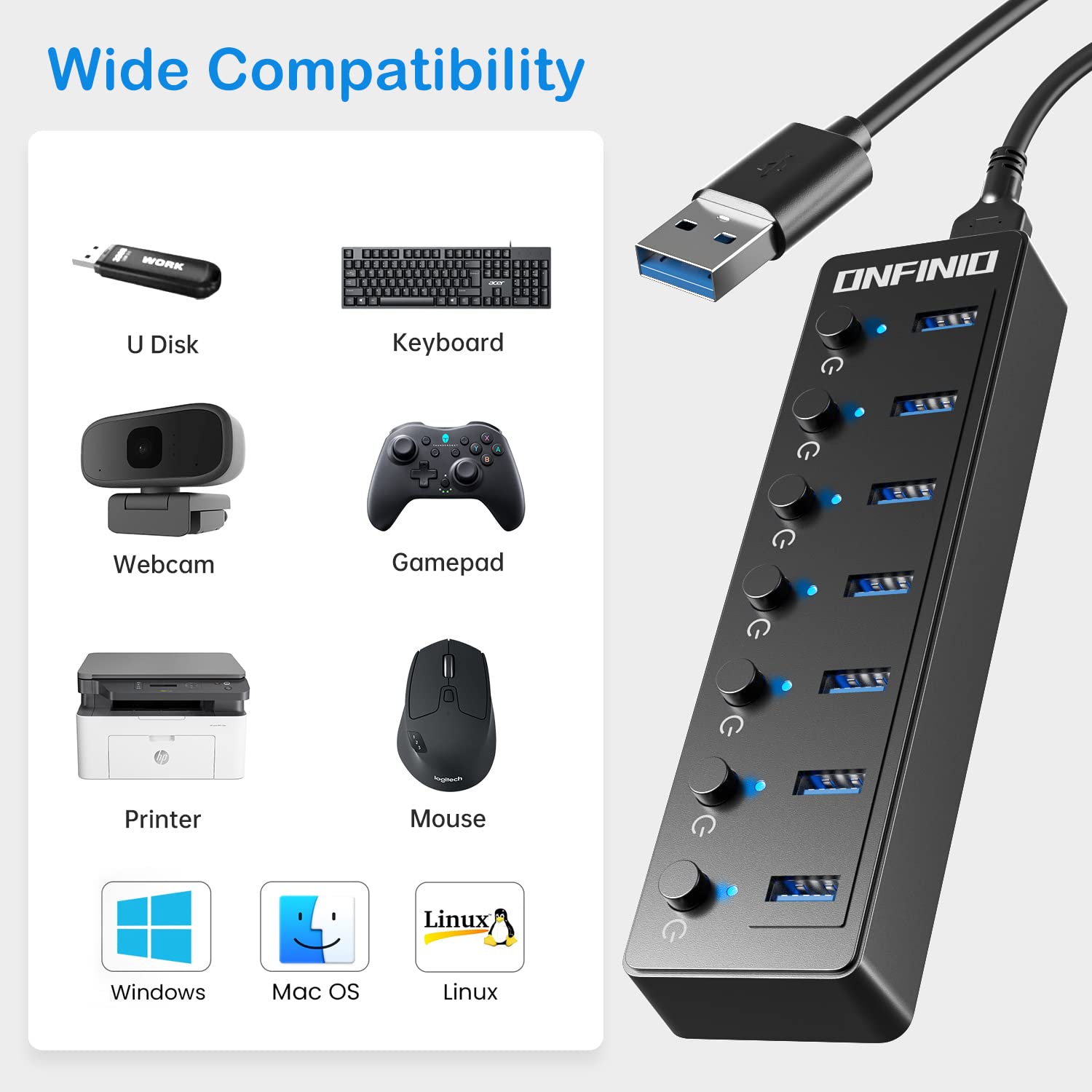 ONFINIO USB Hub, 7 Port USB Hub 3.0 with 3.3ft USB Cable Multiple Port with Individual LED On/Off Switches USB Splitter for Laptop & PC