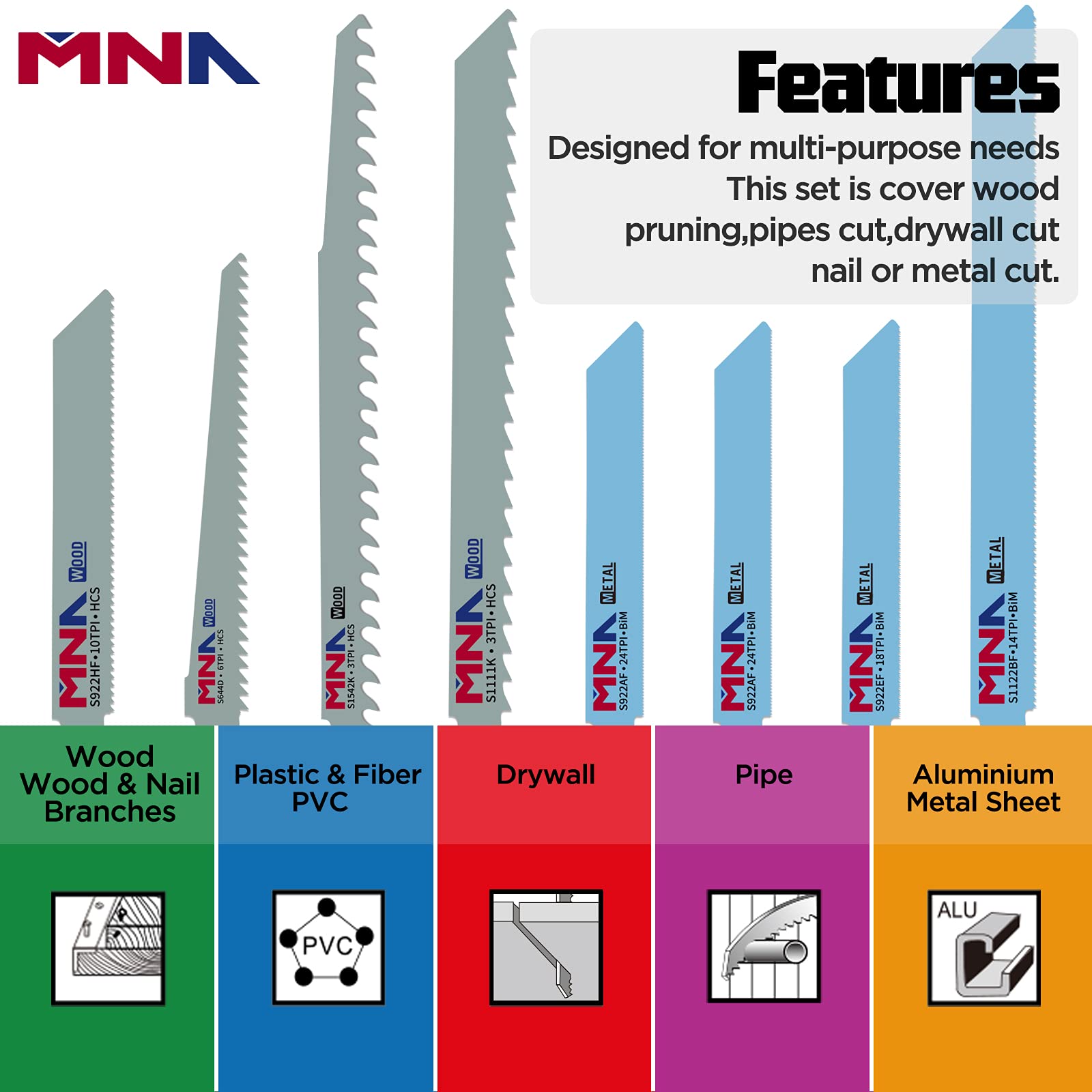 MNA Reciprocating Saw Blade Set 42 Piece, Wood & Metal Cutting, Pruner Sawzall Blade, Household Value Saw Blade Pack with Pouch
