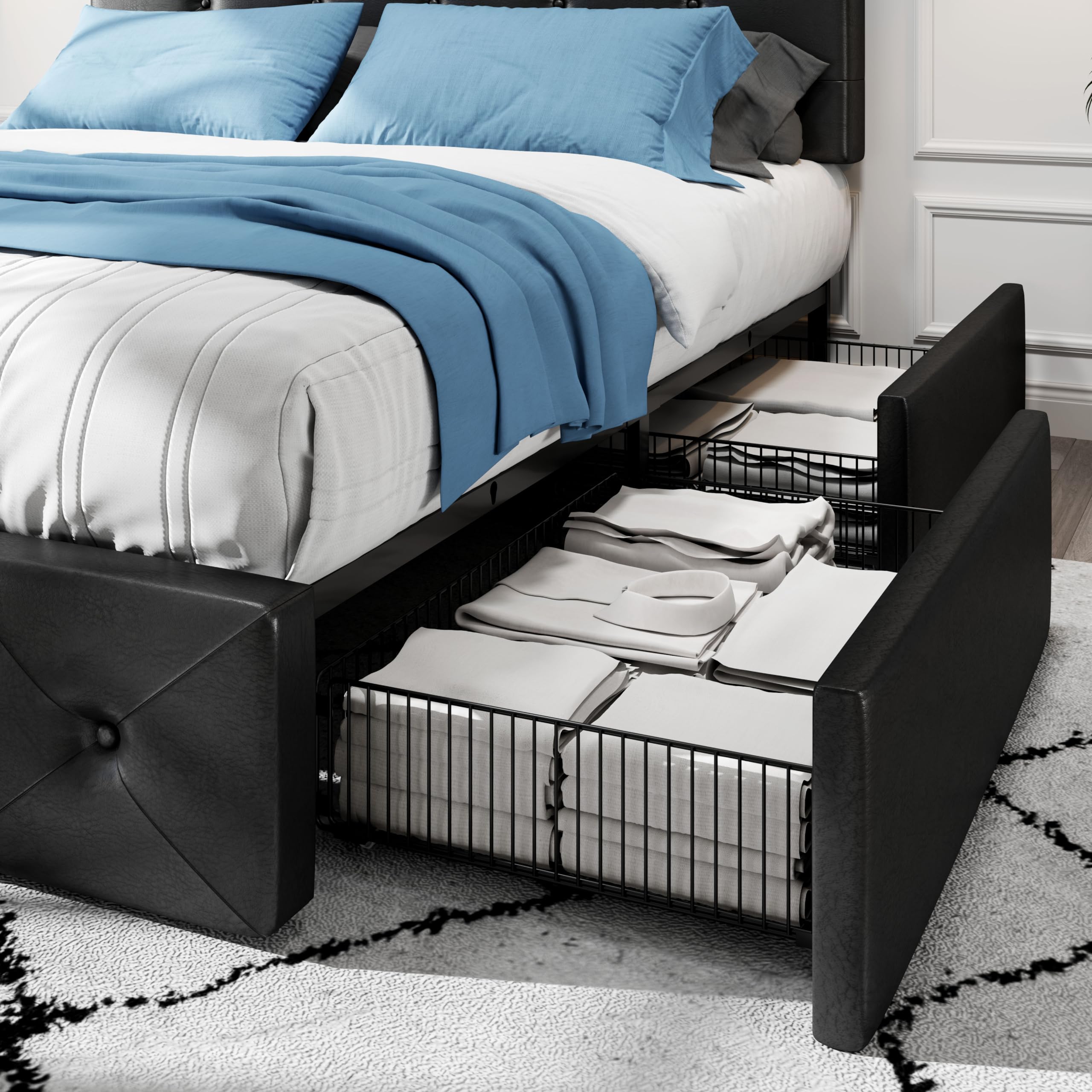 HOOMIC Platform Bed Frame with 4 Storage Drawers and Adjustable Headboard, Diamond Stitched Button Tufted Faux Leather Upholstered Mattress Foundation, No Need for Box Spring, Queen Size, Black-Brown