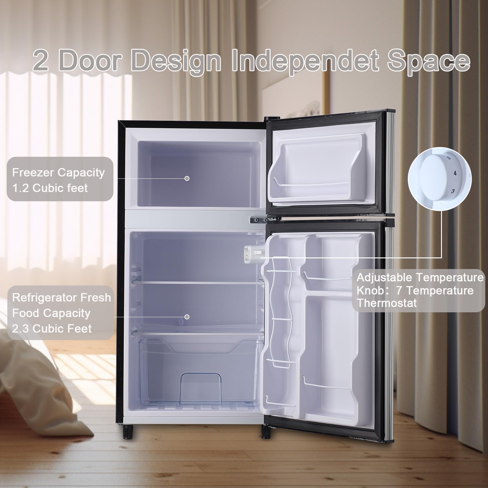 WANAI Compact Refrigerator 3.5 Cu.ft Mini Fridge with Freezer, Small Refrigerator with 7 TEMP Modes, Energy Saving, Low Noise for Bedroom, Dorm, Office, Apartment, Sliver