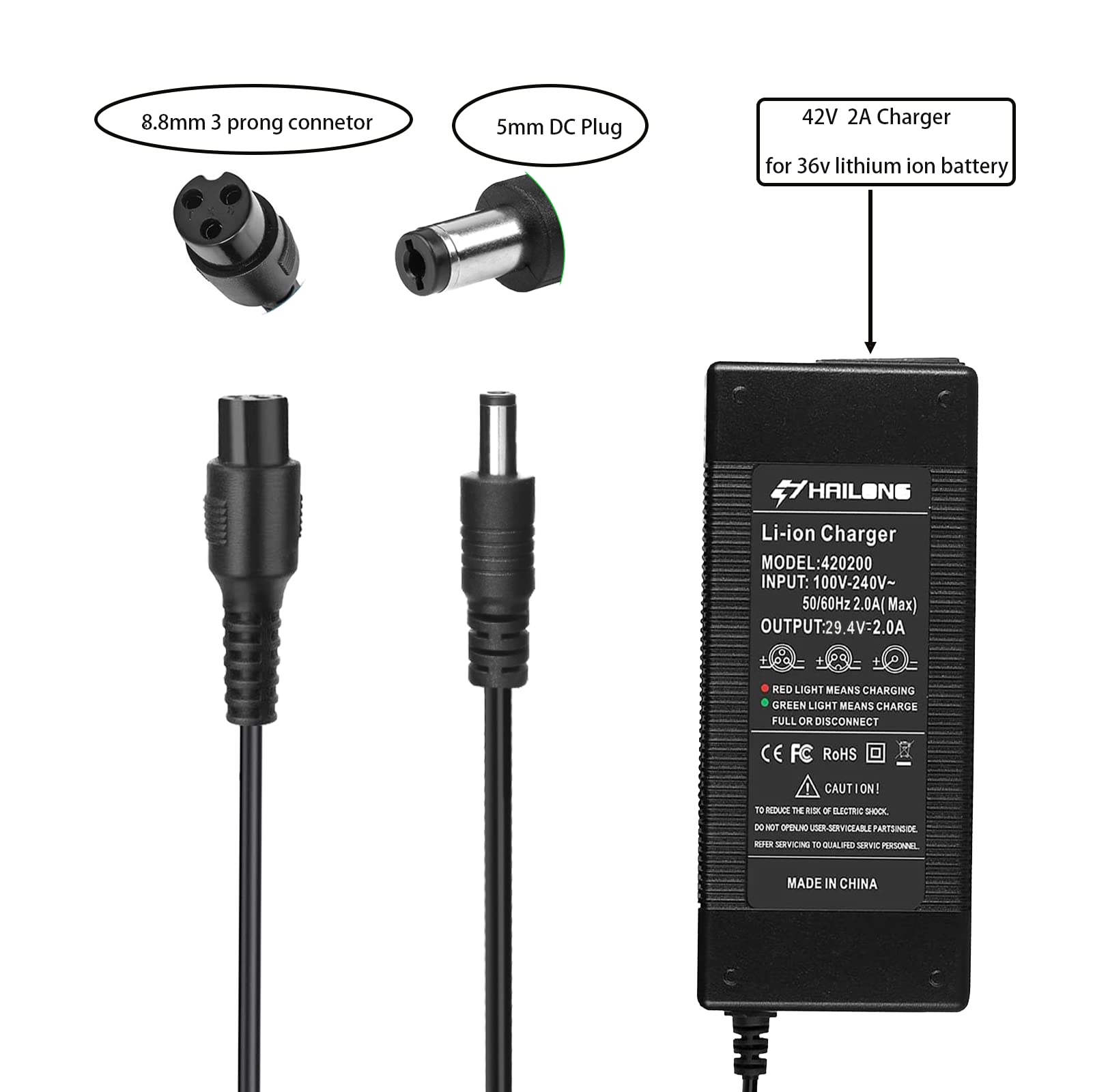 H HAILONG 29.4V 2A Lithium ion Battery Charger for 25.2V 25.9V 24V Battery with 2 Plugs (8mm 3-Prong and DC 5.5 x 2.1 mm Plug)