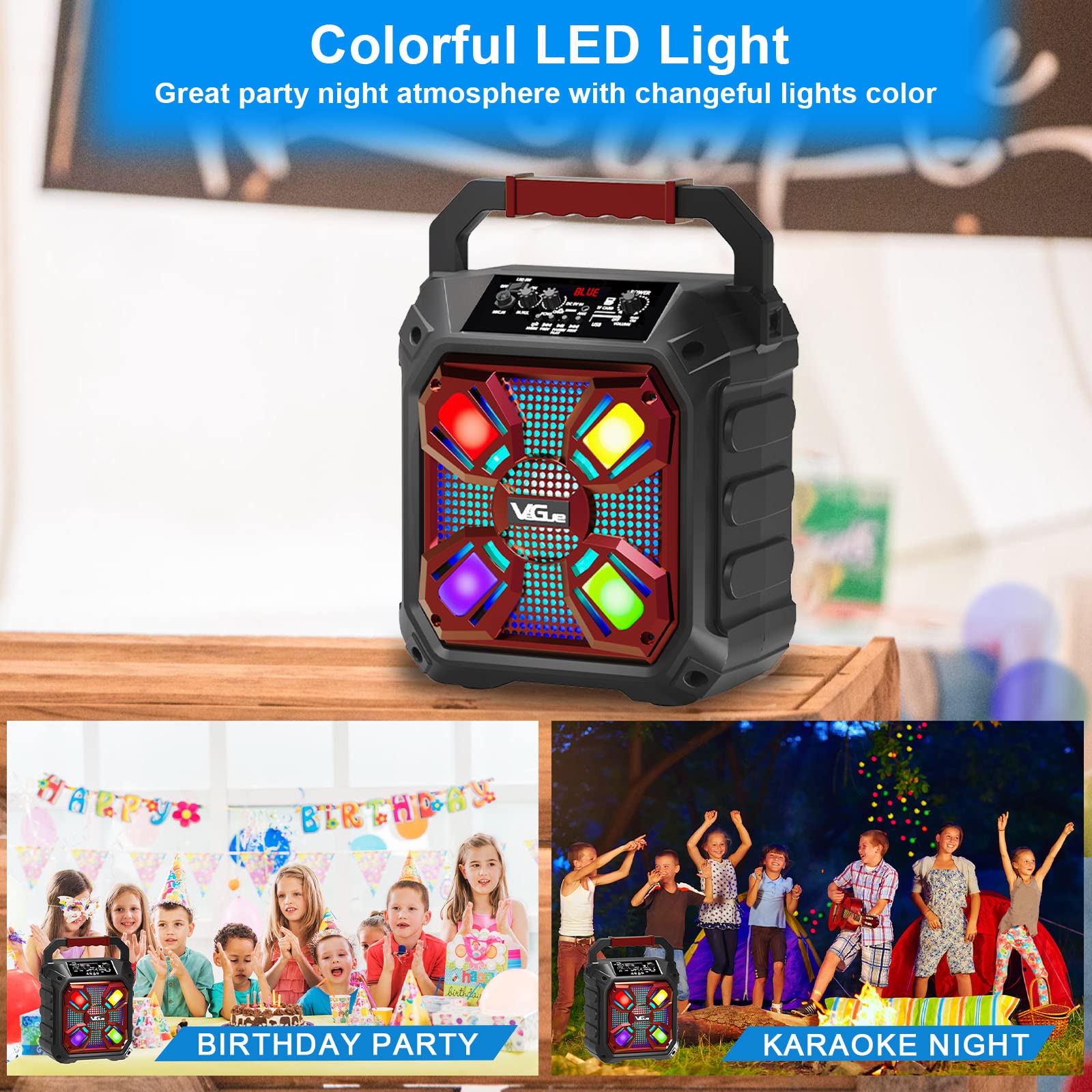 Karaoke Machine for Kids, VeGue Portable Bluetooth Speaker PA System with Wireless Microphone, LED Lights, Remote Control, Supports Tf Card/USB/AUX Input, Ideal for Home Karaoke, Party (VS-0606)