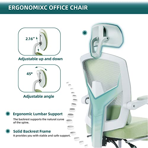 Sweetcrispy Swivel Rolling Padded Armrests Headrest, High Back Lumbar Pillow and Retractable Footrest Ergonomic Home Office, Height Adjustable Reclining Mesh Chair, Green