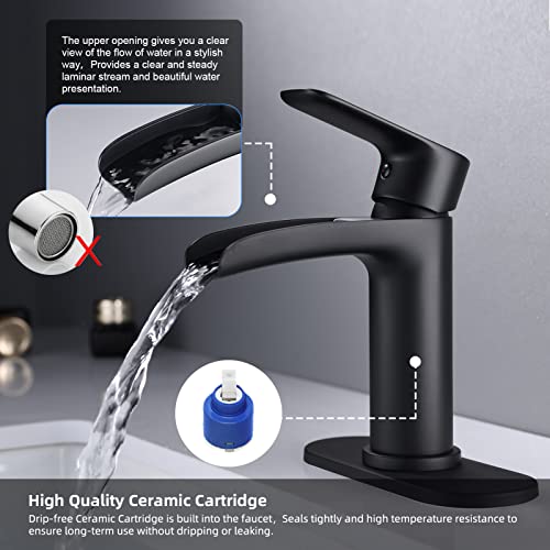 NEWATER Waterfall Brass Bathroom Faucet Single-Handle Black Bathroom Sink Faucet Matte Black Single Hole or 3 Holes 4 inch faucet for bathroom sink,RV Vessel Vanity Faucet with Deck Mount,Pop-Up Drain